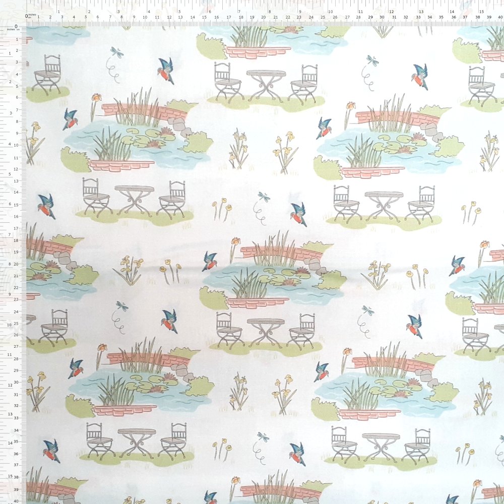 100% Cotton Poplin Featuring A Garden Pond And Kingfisher