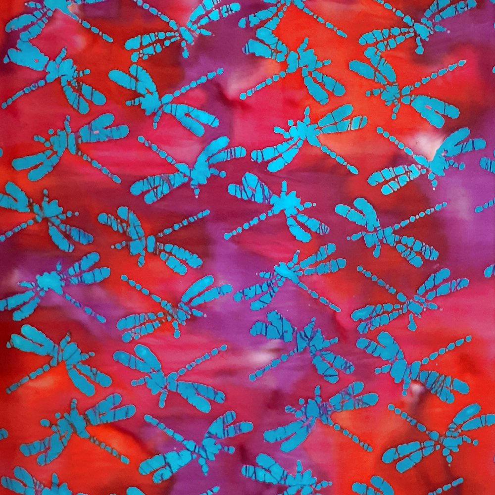 Red / Purple Batik With Light Blue Dragonflies - 100% Cotton Fabric